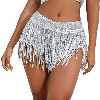 Generic Jupes latines à paillettes pour femmes, mini jupe avec pompons, écharpe de hanche scintillante, écharpe de hanche pour festival, fête, tenue latine en