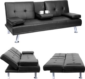 Mendler 3er-Sofa HWC-F60, Couch Schlafsofa Gästebett, Tassenhalter verstellbar 97x166cm - Kunstleder, schwarz