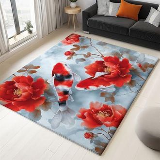 Generic Tapis de Style Japonais Gris - Lavable Tapis Poissons Fleurs Plantes Imprimé à Poils Courts, Doux Antidérapant Moquette pour Chambre Salon Salle à Man