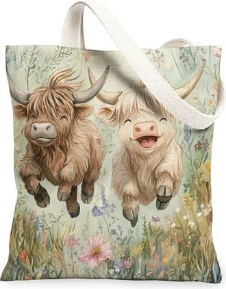 Generic Sac fourre-tout en toile motif vaches Highland printani&egrave;res 33 x 38,1 cm, sac d&eacute;picerie r&eacute;utilisable pour femme, peinture animale, d&eacute;coration cadeau