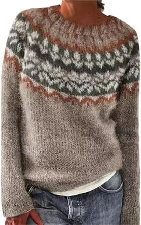 Generic Pull tricot&eacute; vintage &agrave; col rond et manches longues pour femme Motif Fair Isle, 06, 4XL-6XL