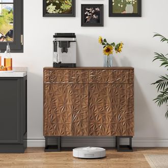 Generic Kommode Dunkle Walnussoptik mit Bl&auml;tterrelief Sideboard Grifflose 2 T&uuml;ren Anrichte f&uuml;r Wohnzimmer Esszimmer K&uuml;che Buffet Metallbeine Kabinett Schlie&szlig;f