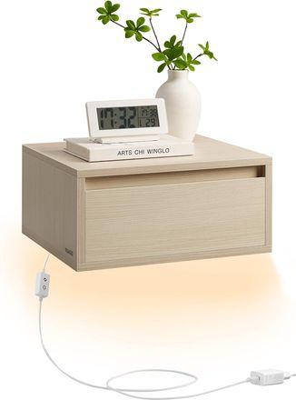 Vasagle Kailyn Kollektion - Nachttisch h&auml;ngend, Leuchte mit 3 Farben, schwebendes Wandregal, Schublade, 35 x 40 x 18 cm, modern, Wohnzimmer Schlafzimmer, natu