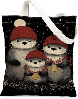 Generic Sacs fourre-tout en toile motif loutre de No&euml;l, sacs d&eacute;picerie r&eacute;utilisables, l&eacute;gers et lavables pour voyage, plage, pique-nique, 33 x 38 cm