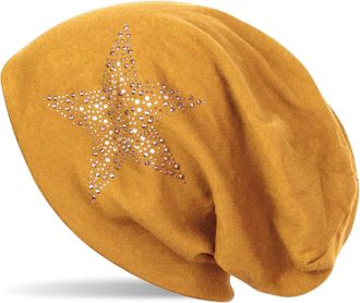 styleBREAKER Damen Slouch Beanie M&uuml;tze mit Strass Stern | Glitzer Longbeanie aus weicher Viskose | One Size f&uuml;r Erwachsene, Farbe:Curry