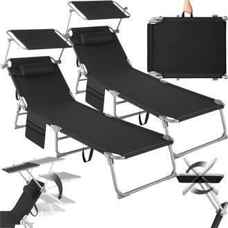 TecTake 2er Set Sonnenliege klappbar und tragbar, Liege mit Seitentasche, Strandliege, Gartenliege mit Dach, Liegestuhl mit Verstellbarer Rückenlehne, Kopfkis