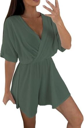 Generic Combinaison d&eacute;t&eacute; &agrave; manches courtes pour femme - Combinaison de sortie pour femme - Col en V - Combinaisons habill&eacute;es avec manches courtes - Salopette 