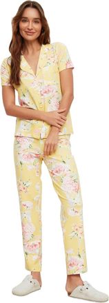 Trendyol Trendyol Womens Damen Gebl&uuml;mt Tasche Webstoff Hemd-Hose Pyjama Pajama Set, Gelb, XL