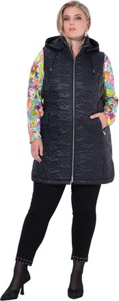Miamoda Damen gro&szlig;e Gr&ouml;&szlig;en &Uuml;bergr&ouml;&szlig;en Plus Size Long-Steppweste, Blumen-Steppmuster, Kapuze, 2-Wege-Zipper schwarz 52 840150100-52