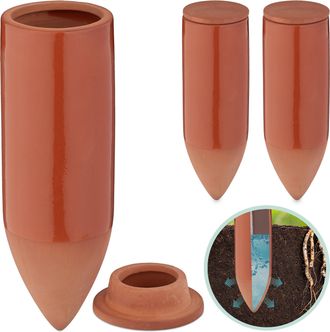 Relaxdays Tonkegel Bewässerung, 3er Set, 330ml, Gießhilfe Zimmerpflanzen, Balkonkästen, Gießkegel mit Deckel, terrakotta