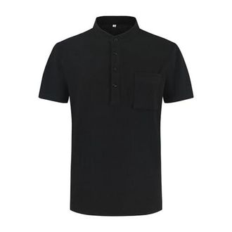 Generic Chemise d&eacute;t&eacute; en coton et lin pour homme - Style d&eacute;contract&eacute; - En coton et lin - Manches courtes - Coupe droite, Noir, 3XL