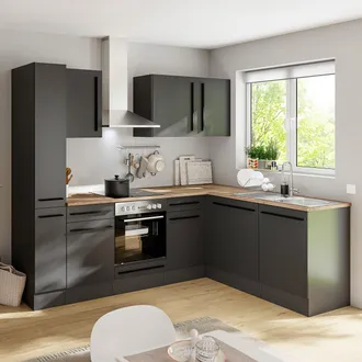 Casa home24 Eck-K&uuml;chenzeile 250cm Schwarz/Matt Schwarz ohne Elektroger&auml;te