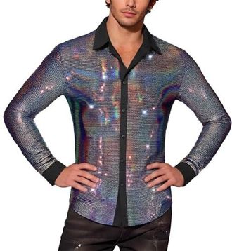 Generic Chemise &agrave; paillettes pour homme - &Agrave; manches longues et paillettes - Costume disco des ann&eacute;es 70 et 80 - Style r&eacute;tro - Pour f&ecirc;te, discoth&egrave;que, nouvel a