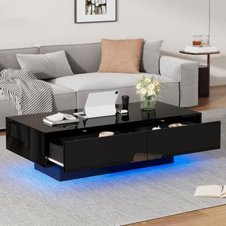 Suky Brand Moderner schwarzer Hochglanz-Couchtisch, mit 2 Schubladen, LED-Beleuchtung und 30 kg Belastbarkeit - Eleganter Wohnzimmer-Couchtisch, 115 x 55 x 34 cm