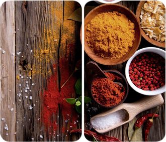 WENKO Herdabdeckplatte Universal Mod. Gewürze, höhenverstellbar für alle Herdarten, Schneidebrett und Spritzschutz, Glas, 30 x 52 cm, 2-teilig