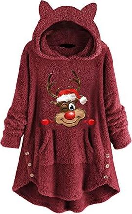 Generic Vestes pour femmes 2026 Manteau &eacute;pais de No&euml;l Manteau chaud &agrave; manches longues Imprim&eacute; cerf Pull &agrave; capuche Veste avec poche, bordeaux, XL