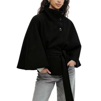 Generic Ponchos &agrave; manches chauve-souris pour femmes, manteau en laine, col montant, ceinture, capes, veste dhiver courte, Noir, XXL