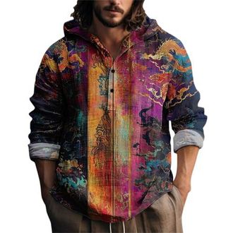 Generic Chemise &agrave; manches longues pour homme, chemise d&eacute;t&eacute; grande taille, chemise d&eacute;contract&eacute;e &agrave; capuche, imprim&eacute; tendance, demi-boutons, haut confortable, co