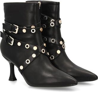 Shoes & Blues Bottine à talons fins pour femme, design à lanières croisées avec boucles métalliques et appliques rondes, style rockeur motard, avec pointe fine, idé