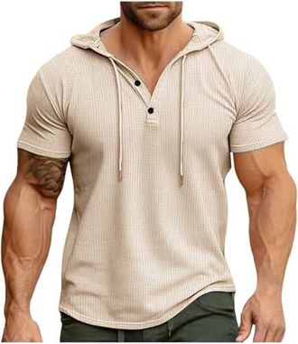 Generic T-Shirts &agrave; Manches Courtes Homme Capuche- T Shirt Sport Gaufre Couleur Unie D&eacute;contract&eacute; Slim &Eacute;t&eacute; Haut Respirante L&eacute;ger Comfortable Classiques Hip Hop 