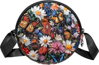 Generic Sac &agrave; bandouli&egrave;re rond pour femme, motif papillon, fleurs, petit sac &agrave; bandouli&egrave;re avec fermeture &eacute;clair, bretelles r&eacute;glables, sac &agrave; main rond d&eacute;contr