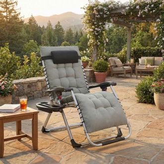 Songmics Chaise Longue Pliante avec Coussin Amovible, Transat de Jardin en Acier, avec Tablette et Pochette, Gris Clair