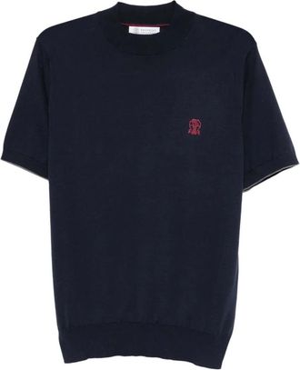 Brunello Cucinelli Homme, Pulls, Bleu, Taille: S Embroidered Logo Short Sleeve Crew Neck
