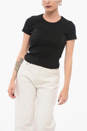 Blumarine Ribbed Crop T-Shirt with Rhinestoned Logo size Xs