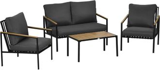 OUTSUNNY Ensemble salon de jardin design style colonial 4 places 4 pièces accoudoirs plateau aspect bois acier noir polyester gris
