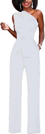 Minetom Femmes sans Manches Une &Eacute;paule Combinaisons Solides Large Jambe Longue Pantalon Barboteuse avec Ceinture Poches E Blanc M