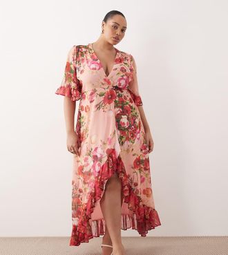 Hope & Ivy Maxi-Wickelkleid mit ausgestellten &Auml;rmeln und rosa Blumenmuster