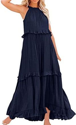 Generic Robe d&eacute;t&eacute; 2026 boh&egrave;me pour femme, robe longue d&eacute;t&eacute; sans manches, &agrave; volants, d&eacute;contract&eacute;e, ample, &agrave; volants, bleu, S