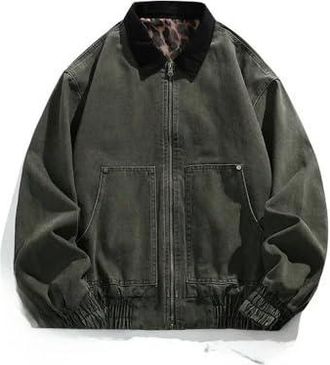 Generic NYSBH Blouson vintage en pur coton pour homme avec col imprim&eacute; veste en jean pour printemps et automne, vert militaire, 5XL