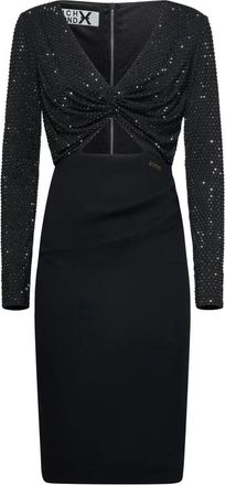 John Richmond Femme, Robes, Noir, Taille: 38 FR Robe Midi avec Buste Drap&eacute; et D&eacute;collet&eacute; Plongeant