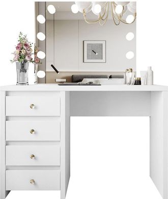 Lukmebel Schminktisch mit Spiegel - Schminkspiegel mit Beleuchtung - Schubladen - Weiß Make Up Tisch Frisiertisch Kosmetiktisch Matt Glamour ESCADO Elite Krist