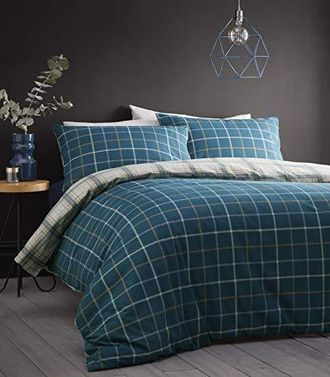 Portfolio Home Portfolio Bedmaker Flannelette-Teal-Double-Duvet-Cover Iona Bettbezug-Set, modernes Karomuster, 100% geb&uuml;rsteter Baumwollflanell, wendbar, blaugr&uuml;n, D