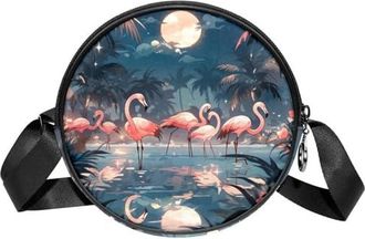Generic Sac &agrave; bandouli&egrave;re rond pour femme, motif flamants roses, petit sac &agrave; bandouli&egrave;re avec fermeture &eacute;clair, bretelles r&eacute;glables, sac &agrave; main rond d&eacute;contrac