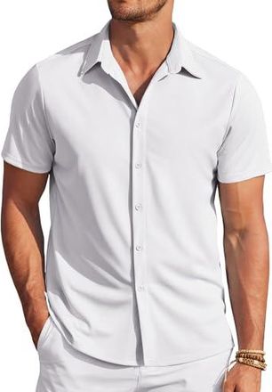 Coofandy Chemise Homme Manches Courtes Chemise hawaïenne Chemise Monochrome Chemise décontractée Homme Casual Casual Casual Resort Beach Shirt White S
