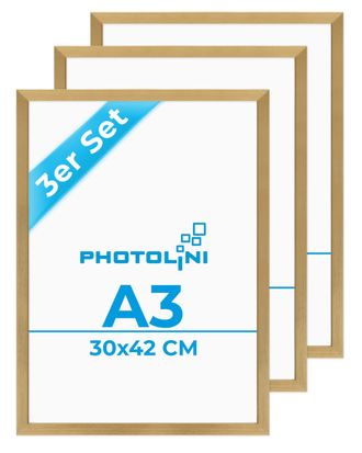 Photolini Bilderrahmen A3 Holz MDF Gold, 3er Set A3 Bilderrahmen 30x42 Holz MDF, DIN A 3 Rahmen mit Acrylglas, Picture Frame 42x30 zum Aufh&auml;ngen, Rahmen 42 x 30