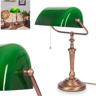 HOFSTEIN Klassische Bankerlampe Argyle, Retro Tischlampe, Metall in Bronzefarben, Leuchtenschirm aus Glas in Gr&uuml;n, 1 x E27, Tischleuchte f&uuml;r B&uuml;ro, Schreibtisch