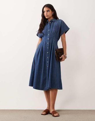 Ralph Lauren Midi-Hemdkleid in Blau mit Knopfleiste