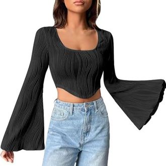Generic Womens Crewneck T Shirts Bell Sleeve Solid Colour Summer Casual Crop Tops Ladies Loose Fit Tunics Elegant Blouse F-143