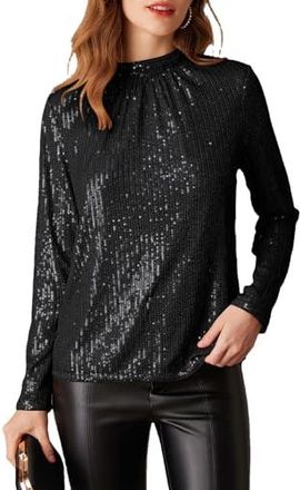 Grace Karin Chemisier vintage à paillettes à manches longues et col montant pour femme, Noir, M