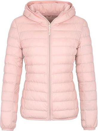 Wantdo Femme Veste en Duvet Manteau Matelassé à Capuche Léger Compressible Veste Coupe-Vent Isolée de Montagne à Capuche Mince Veste dExtérieur Courte Rose M