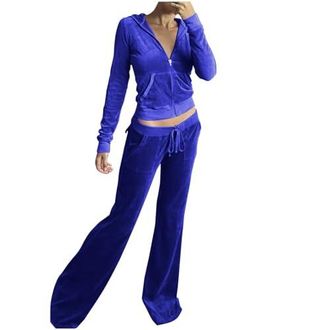 Generic Y2K Surv&ecirc;tement en velours &agrave; manches longues et fermeture &eacute;clair pour femme - Veste courte et pantalon de yoga taille basse - Jambe large, bleu, XXL