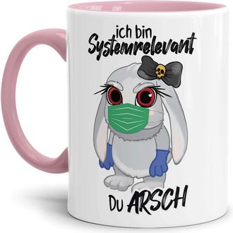 Tassendruck Tasse mit Spruch - Systemrelevant - Hasi - Kaffee-Tasse/Arbeit/Job/Lustig/Erinnerung Krise Virus 2020 - Innen & Henkel Rosa