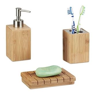 Relaxdays Accessoires salle de bain bambou Set 3 pi&egrave;ces distributeur savon gobelet brosse &agrave; dent porte-savon, nature