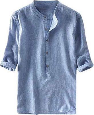Generic riou Chemise en Lin Manches Courtes pour Hommes Originaux Robe Lâche Chemisier T-shirt de Plage Décontracté avec Boutons Haut Léger et Respirant Henle