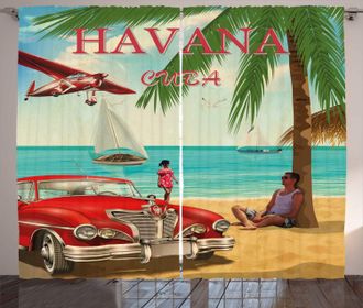 Abakuhaus Reise Rustikaler Vorhang, Retro Havana Kuba Auto Strand, Wohnzimmer Universalband Gardinen mit Schlaufen und Haken, 280 x 245 cm, Aqua Rot
