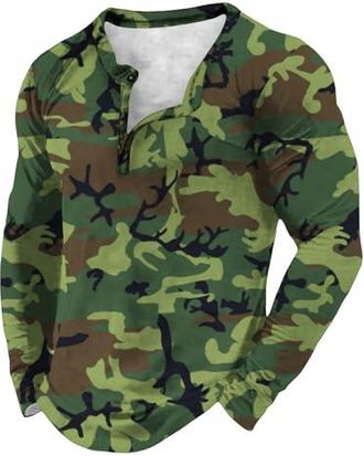 Generic Henley Chemises pour homme | T-shirt Henley &agrave; manches longues camouflage | Pull de travail | T-shirt boutonn&eacute; &agrave; coupe r&eacute;guli&egrave;re pour le sport anti-hum